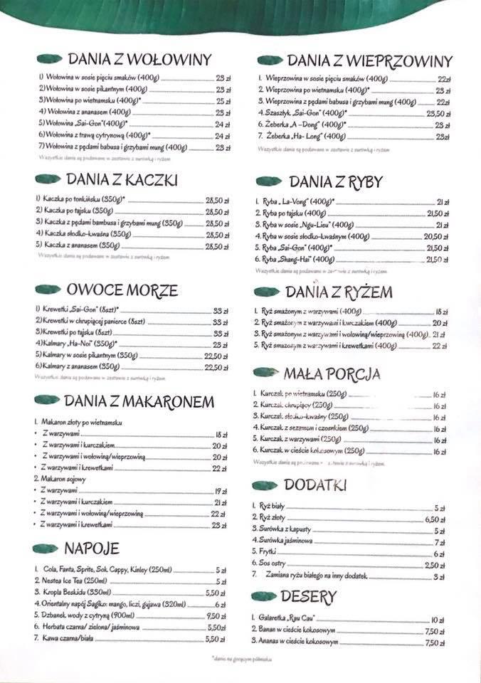 Menu at Nón Lá restaurant, Kraków