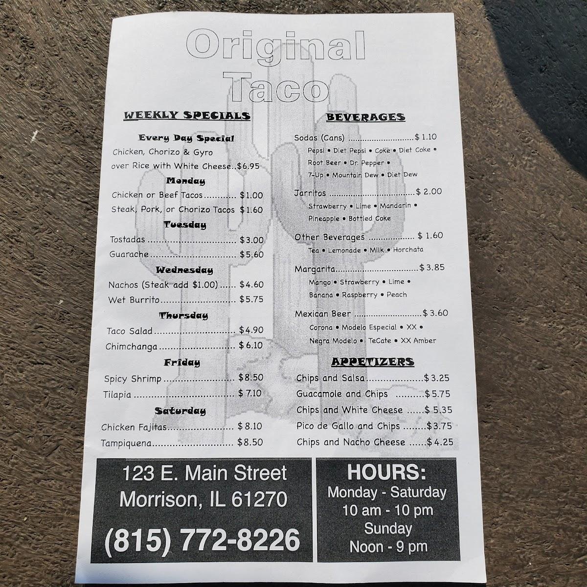 Menu at Original Taco restaurant, Morrison