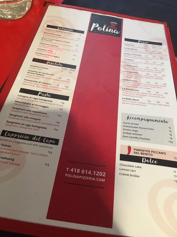 Menu au POLINA Pizzeria, Québec