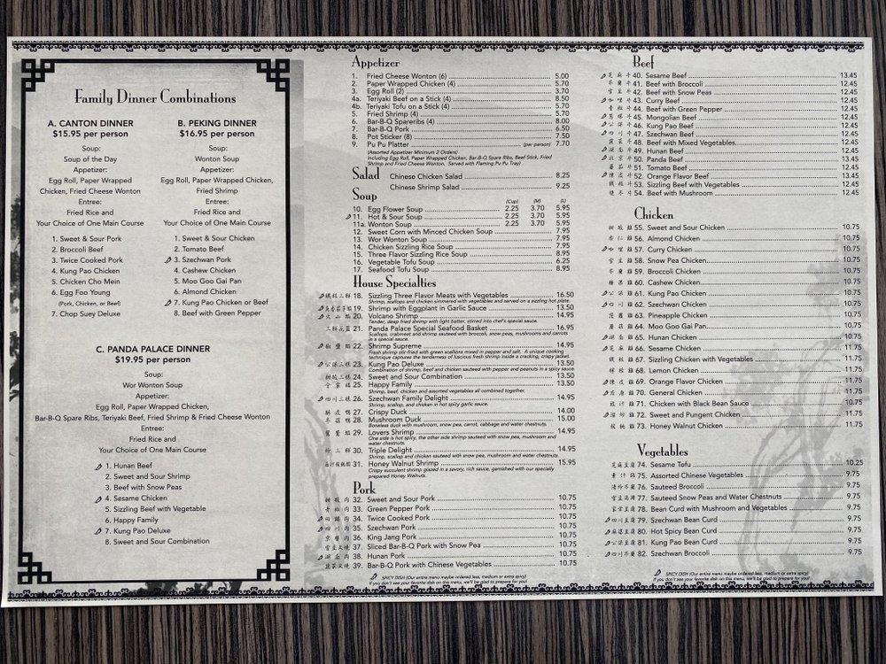 Menu at Panda Palace restaurant, Montrose