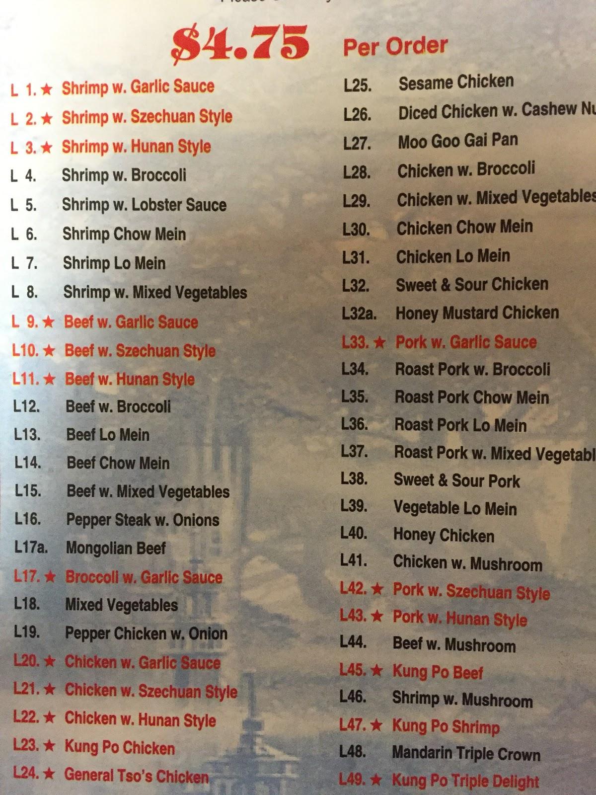 Menu at Peking restaurant, Cullman