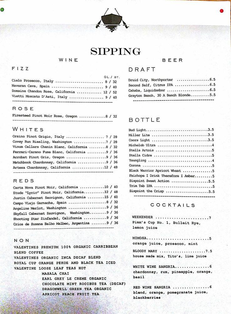 Menu at River restaurant, Tuscaloosa