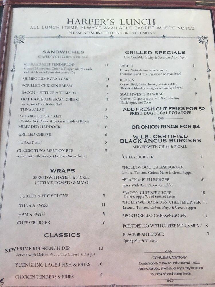 Menu at Harper’s Tavern steakhouse, Fort Indiantown Gap