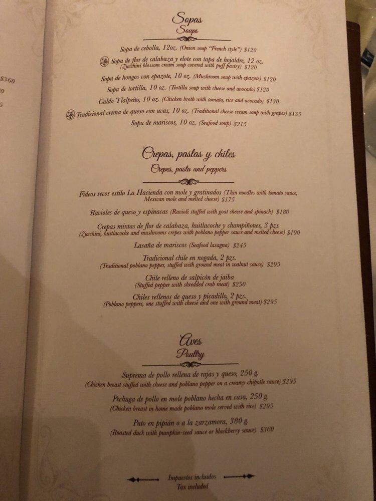 Menu at Hacienda de los Morales restaurant, Mexico City, Juan Vazquez ...