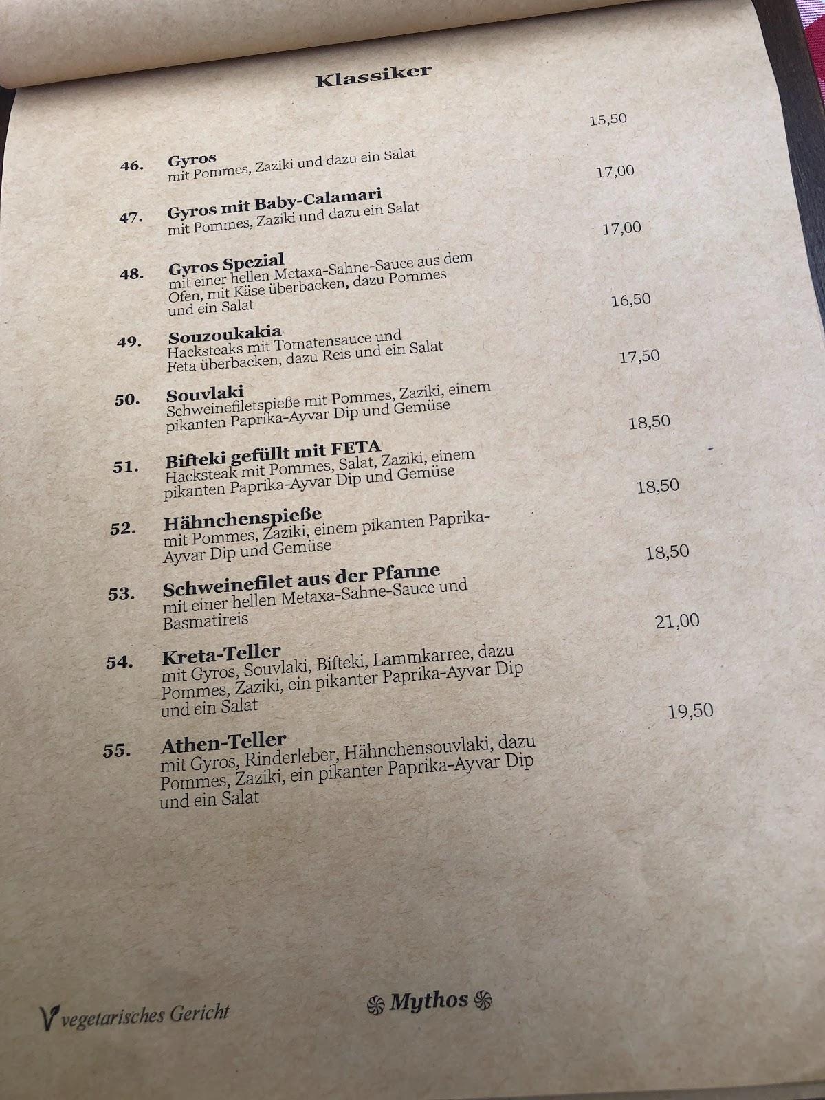 Menu at Mythos restaurant, Kassel