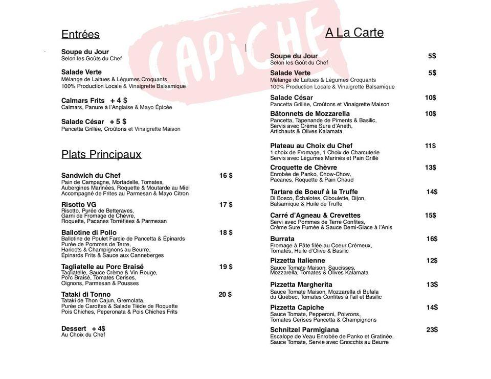 Menu at Restaurant Capiche, Drummondville