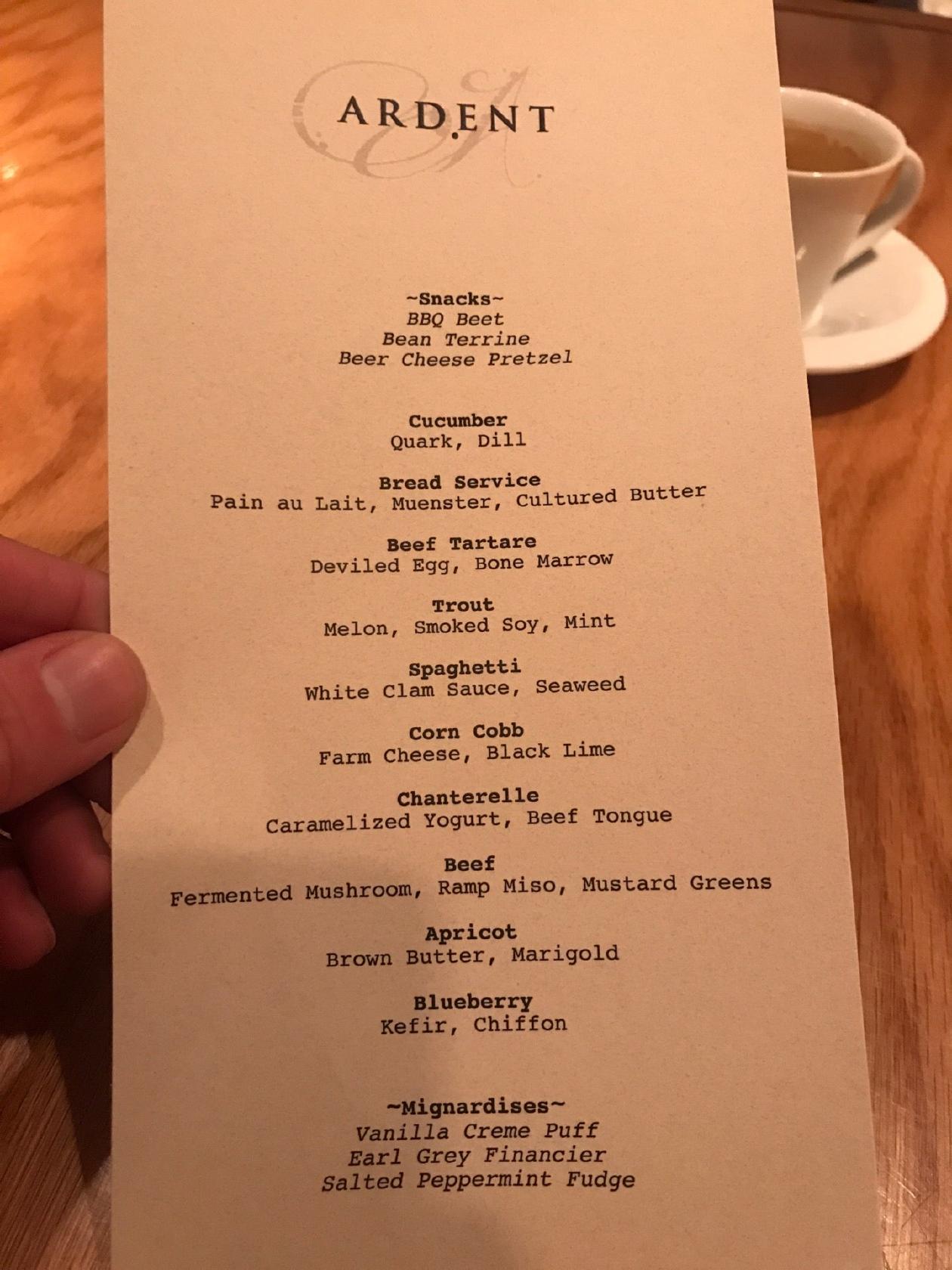 Menu at Ardent restaurant, Milwaukee