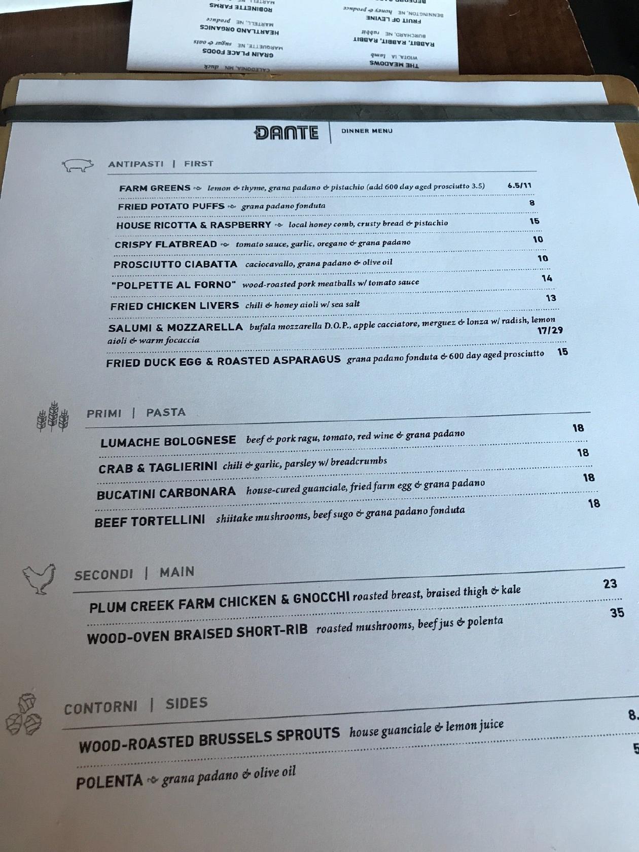 Menu at DANTE pub & bar, Omaha
