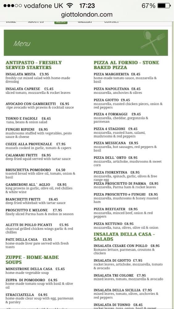 Menu at Giotto Italian Restaurant, London