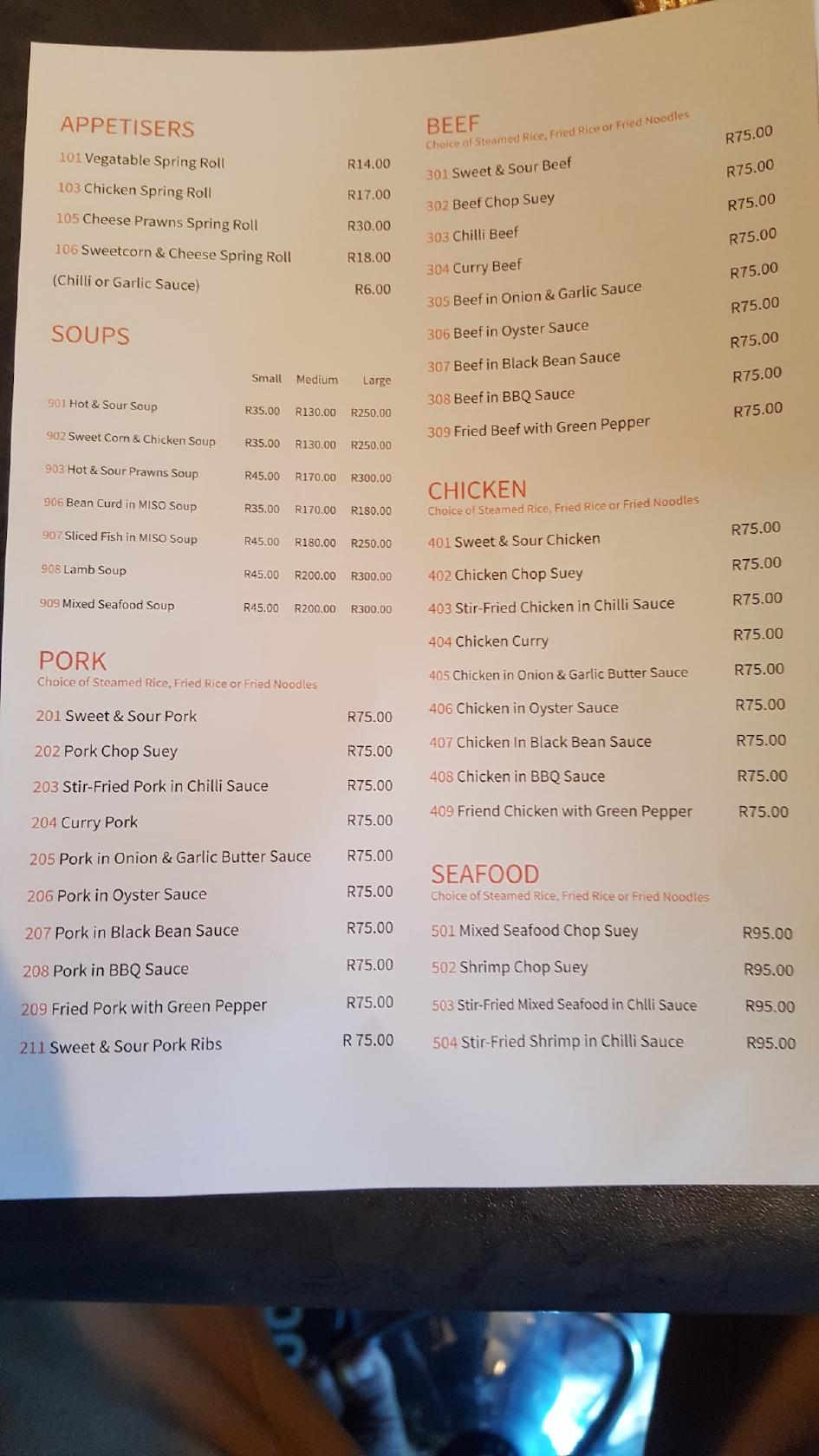 Menu at JC Chinese Restaurant, Bloemfontein