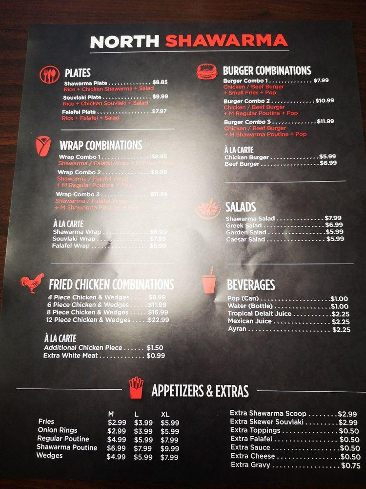 Menu at North Shawarma restaurant, Kitchener