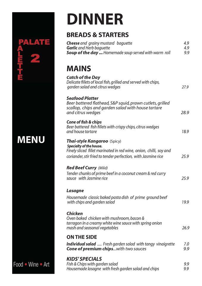 Menu at Palate 2 Palette restaurant, Port Broughton