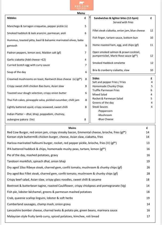 Menu at Red Cow, Nantwich pub & bar, Nantwich, 51 Beam St