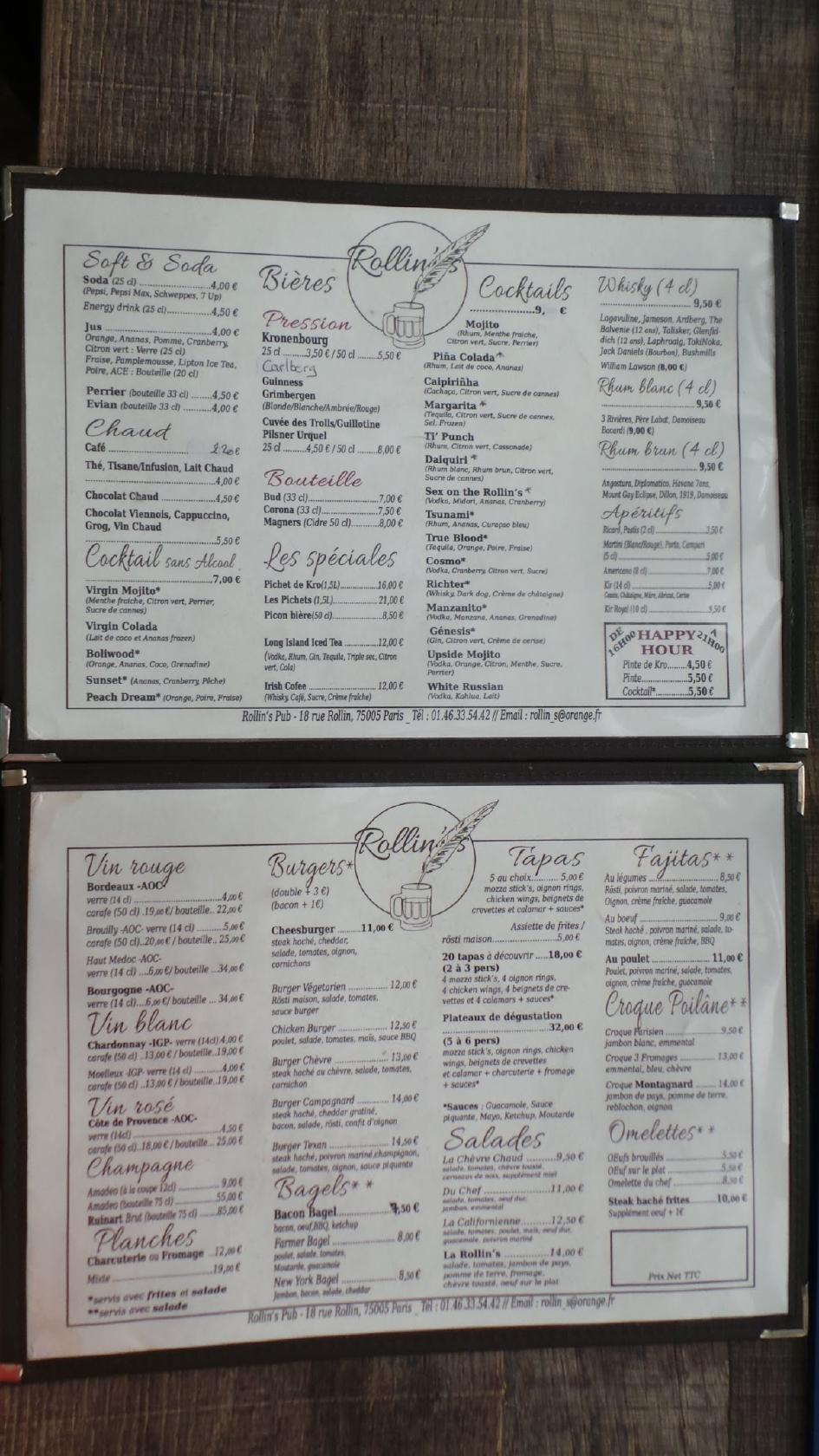 Menu at Rollin's Pub, Paris