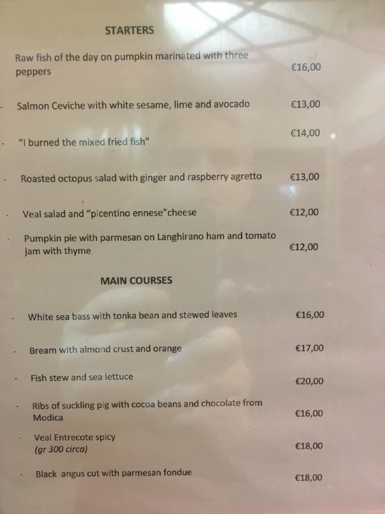 Menu at Sesto Canto restaurant, Palermo