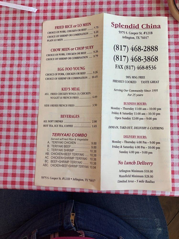 Menu at Splendid China restaurant, Arlington