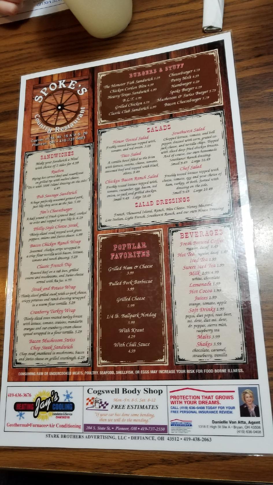 Menu at Spoke's Country Kitchen restaurant, Pioneer