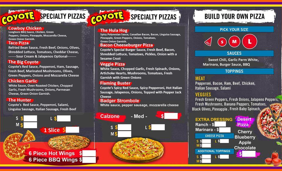 Menu at Coyote Pizza Den pizzeria, Burbank, 773 Kohler Rd