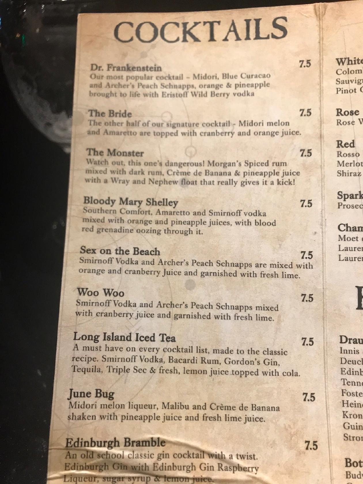 Menu at Frankenstein pub & bar, Edinburgh