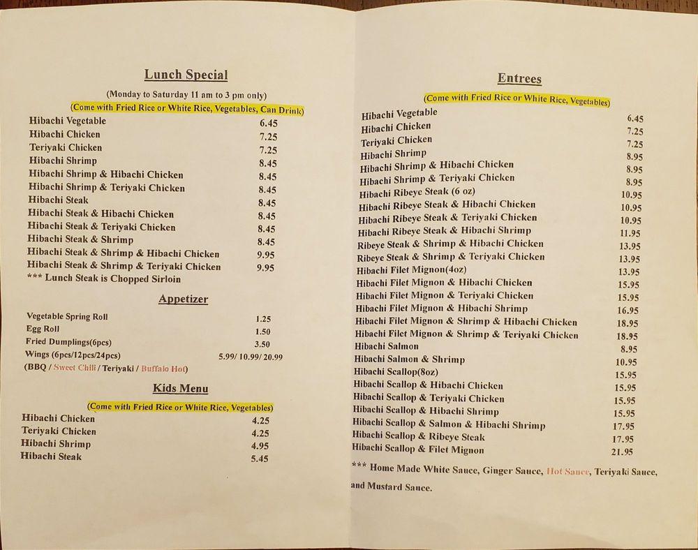 Menu at Hibachi Jr. Express restaurant, Archdale
