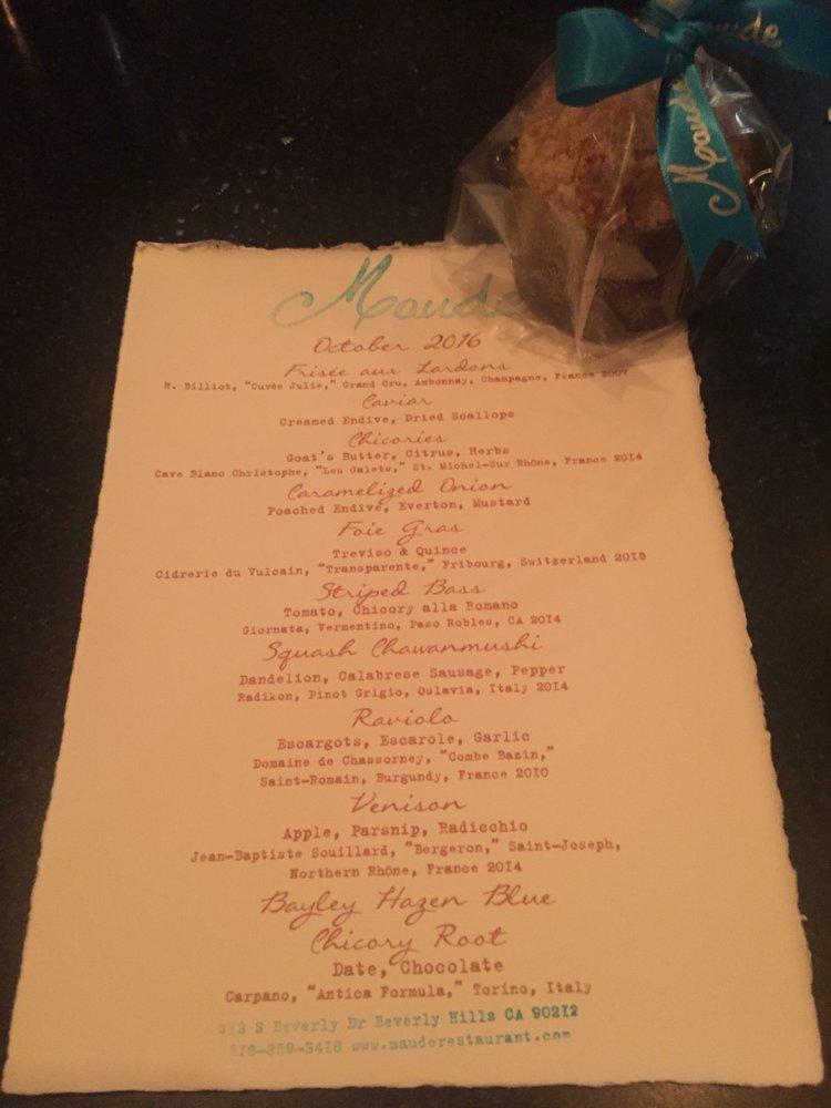 Menu at Maude restaurant, Beverly Hills
