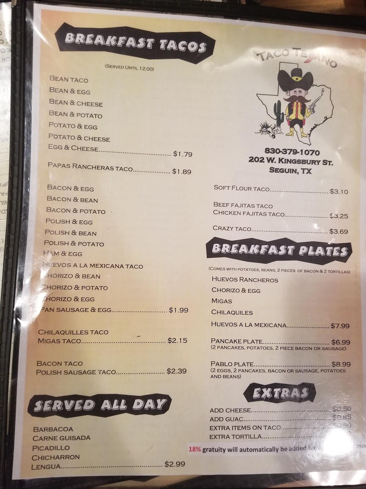 Menu at Taco Tejano restaurant, Seguin
