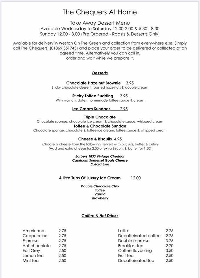 Menu at The Chequers pub & bar, Weston-on-the-Green, Northampton Rd