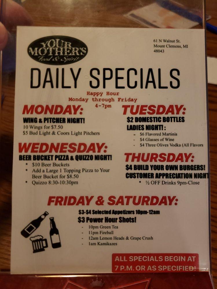Menu at Your Mothers Food & Spirits pub & bar, Mount Clemens