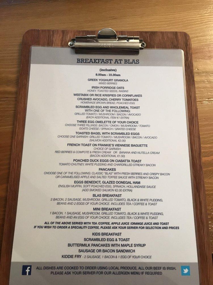 Menu at Blas restaurant, Donegal, Lough Eske Rd