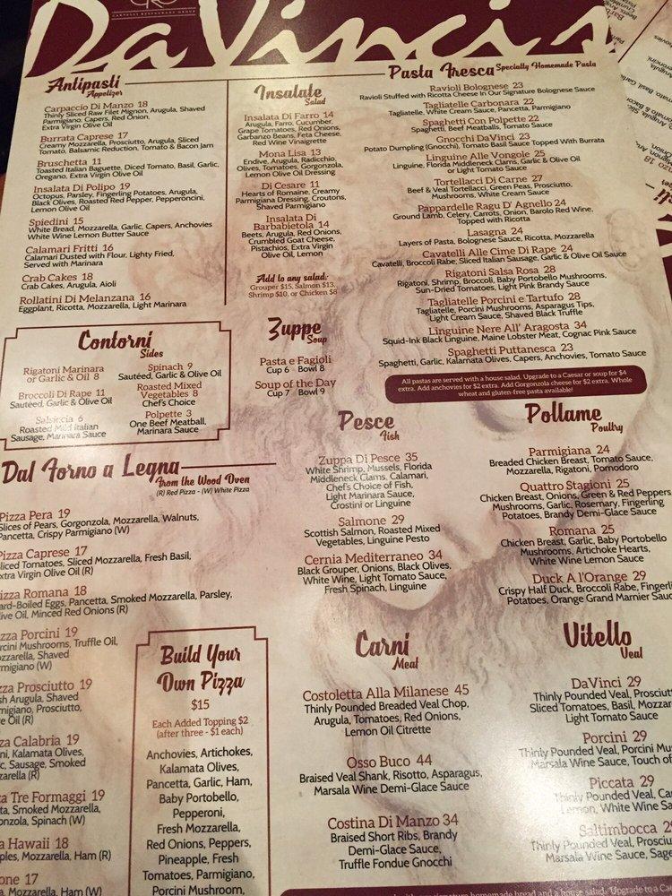Menu at Da Vinci Ristorante Italiano pizzeria, Marco Island