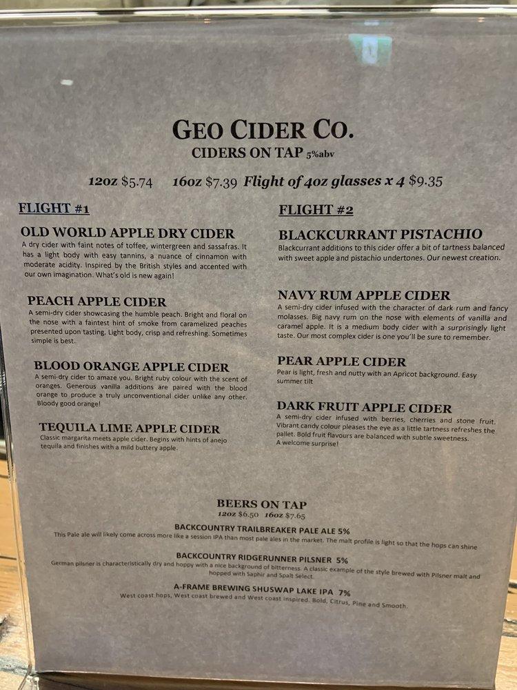 Menu at Geo Cider pub & bar, Squamish