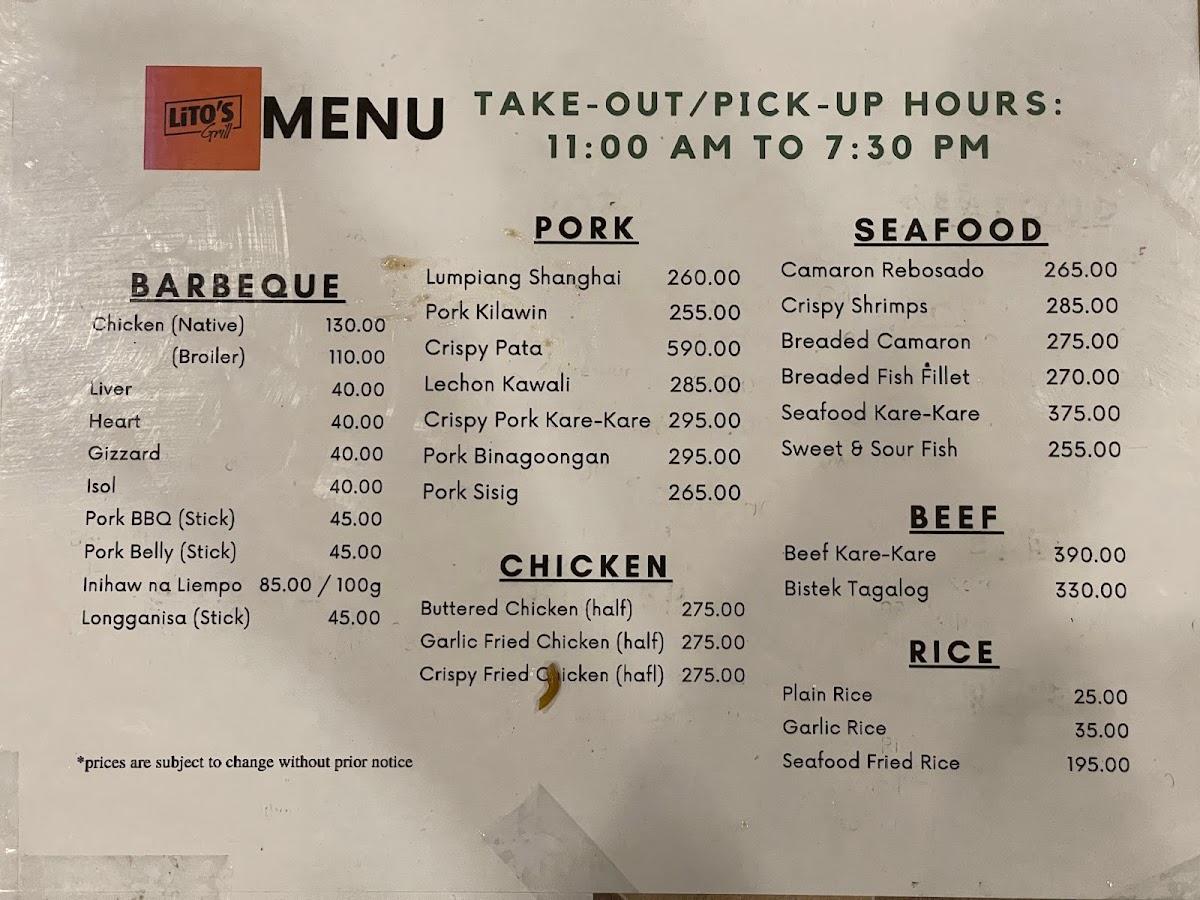 Menu at Lito's Grill restaurant, Davao City, 3H2R+F5C