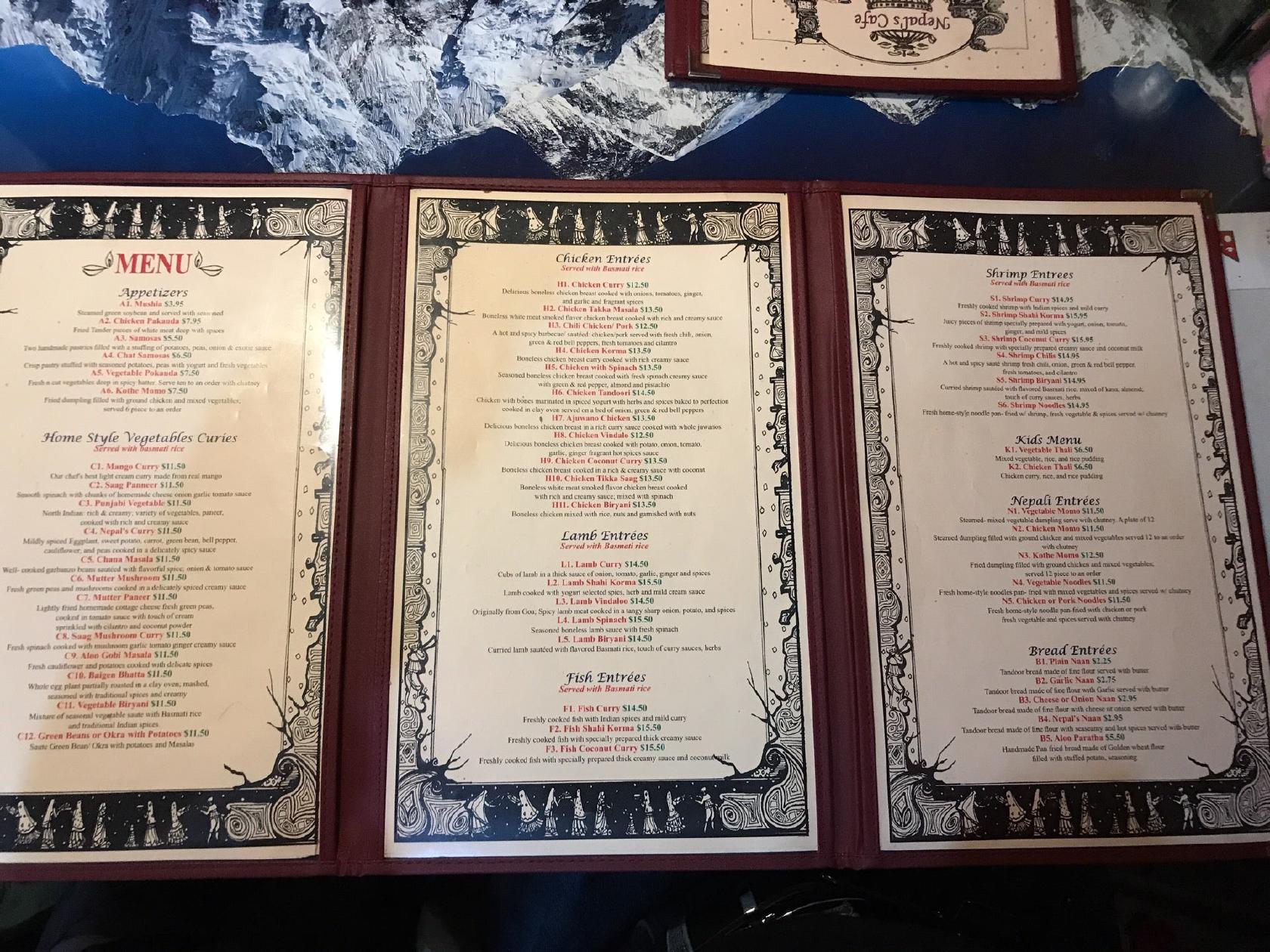 Menu at Nepal's Cafe, Estes Park
