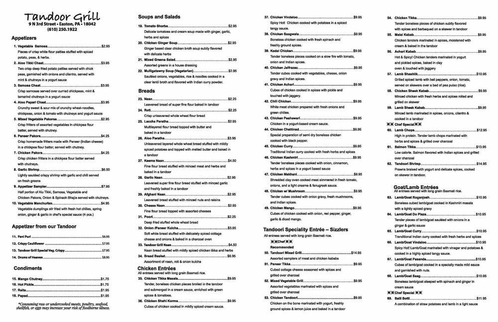 Menu at Tandoor Grill restaurant, Easton