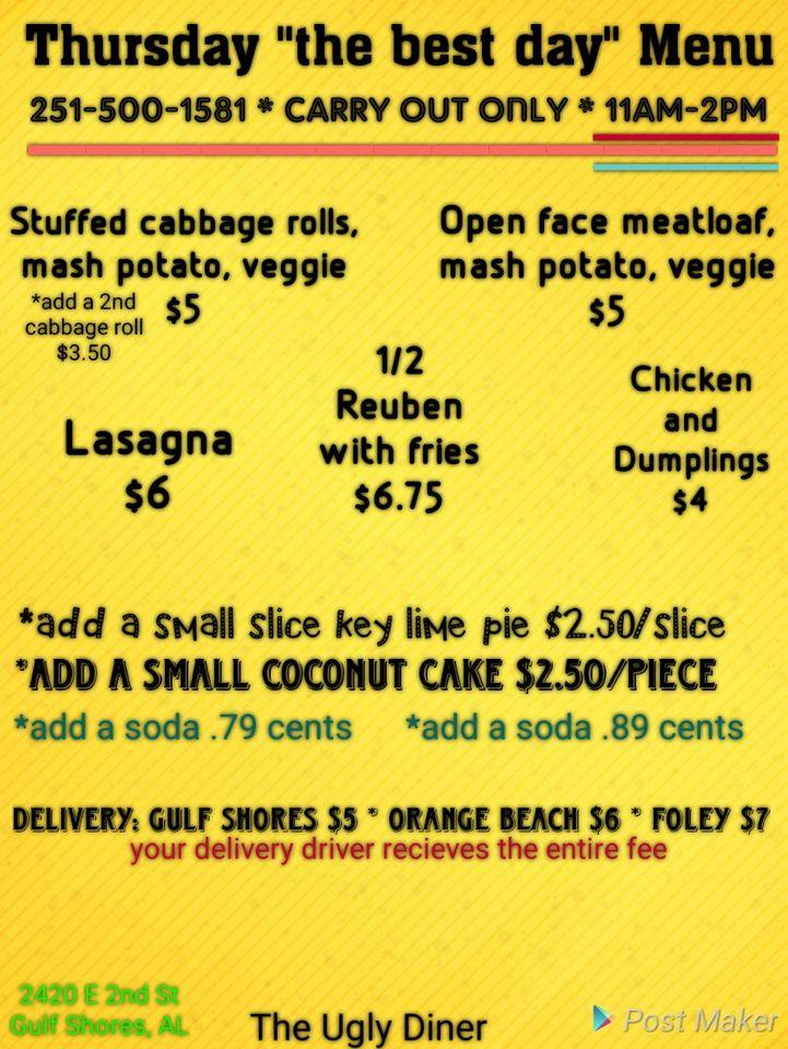 Menu at The ugly Diner restaurant, Gulf Shores
