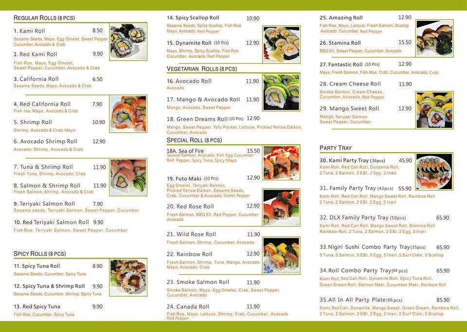Menu at Kami Sushi restaurant, Edmonton