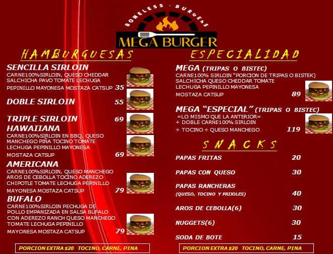Menu at MegaBurger restaurant, Ciudad Juarez