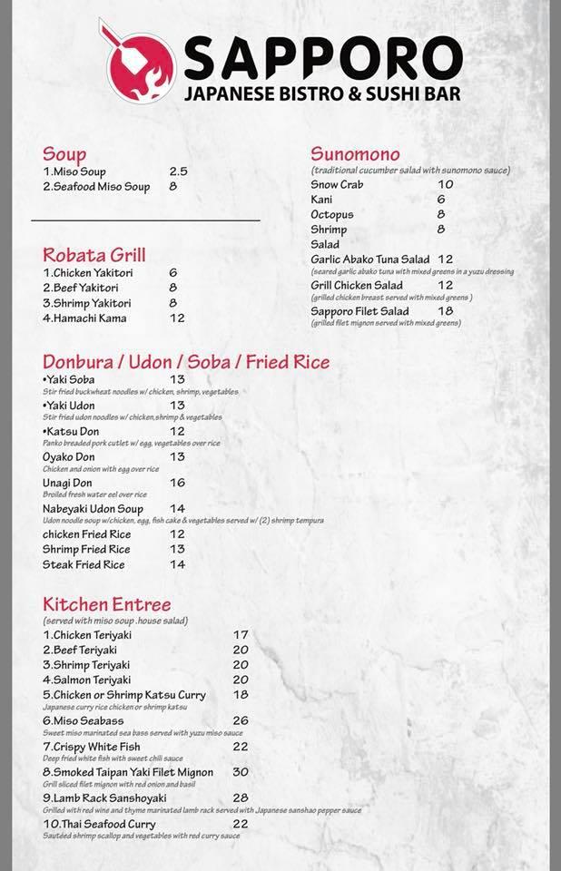 Menu at Sapporo restaurant, Houston, 801 Congress St #101