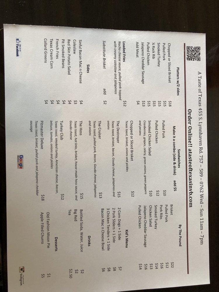 Menu at A Taste of Texas BBQ, Virginia Beach, 455 S Lynnhaven Rd