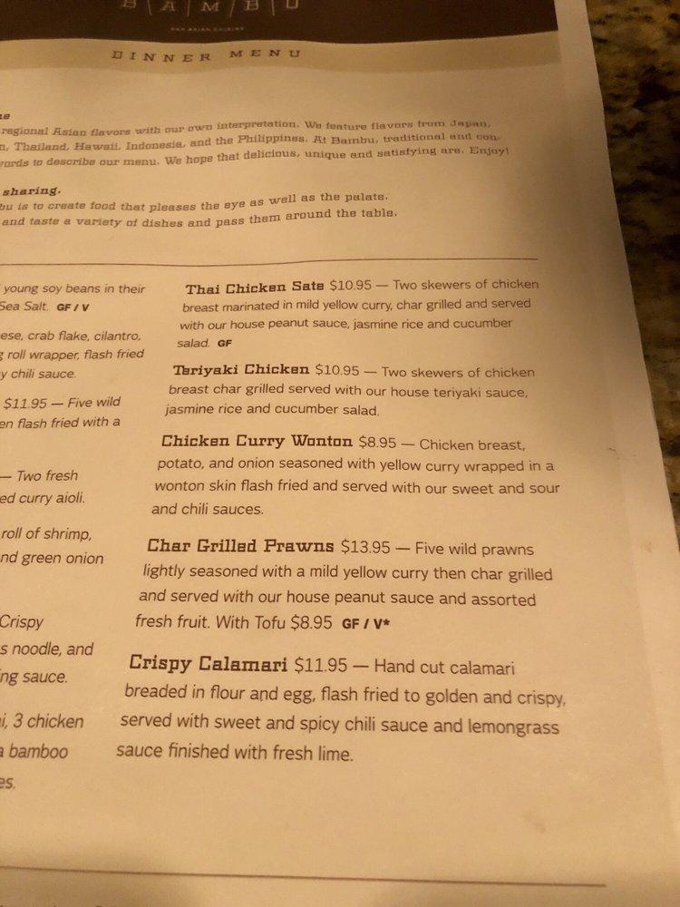 Menu at Bambu restaurant, Medford