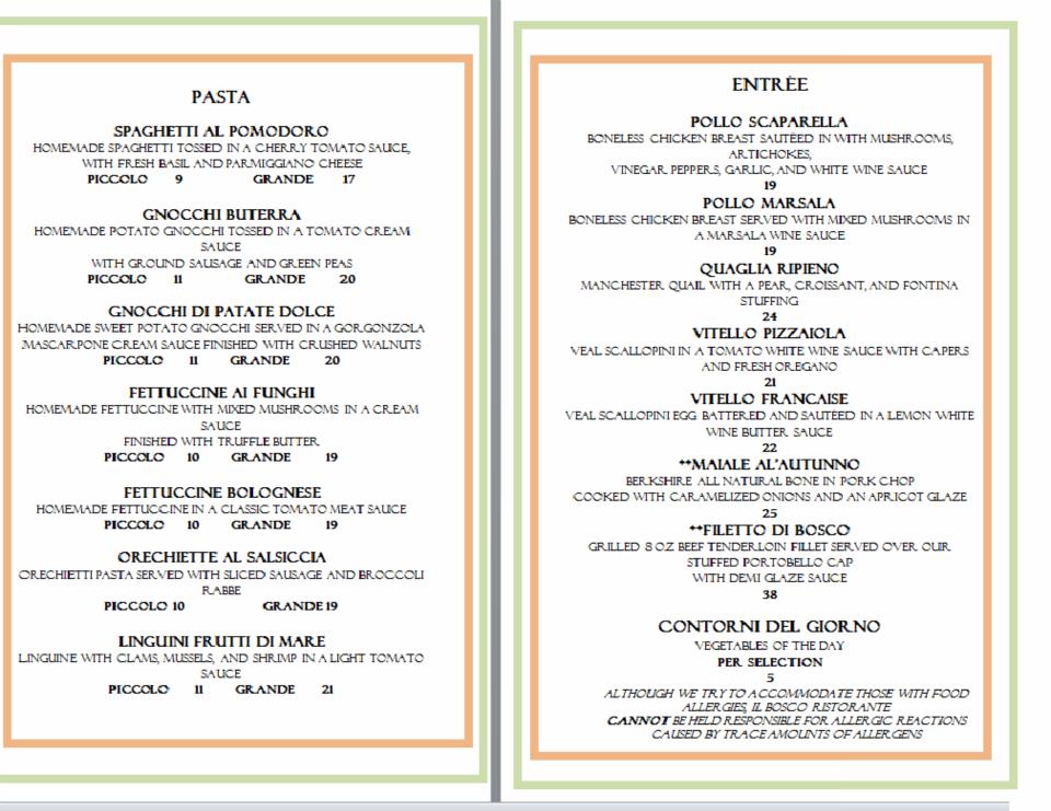 Menu at Il Bosco restaurant, Davidson