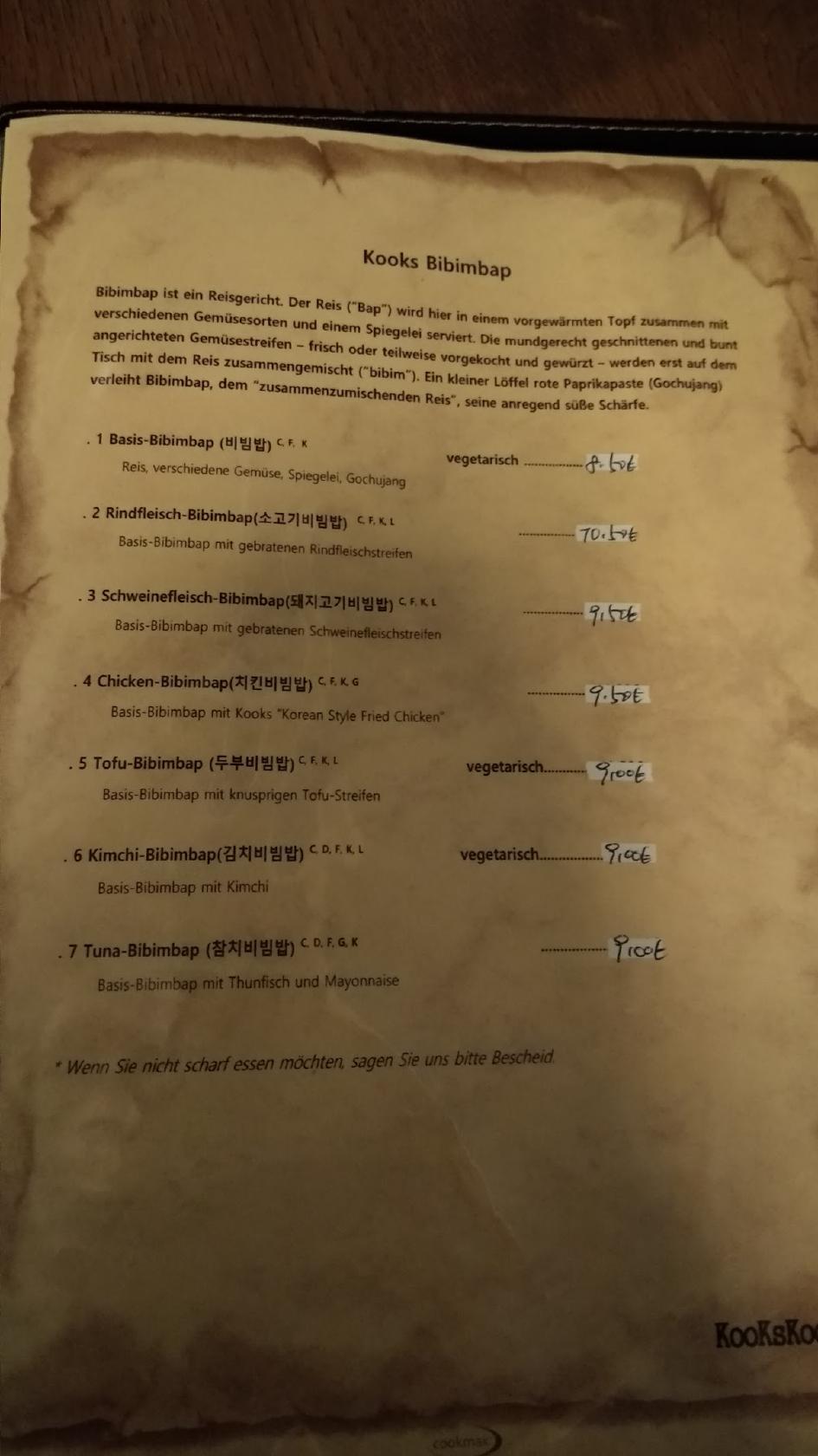 Speisekarte von Kooks Kochen restaurant, Berlin