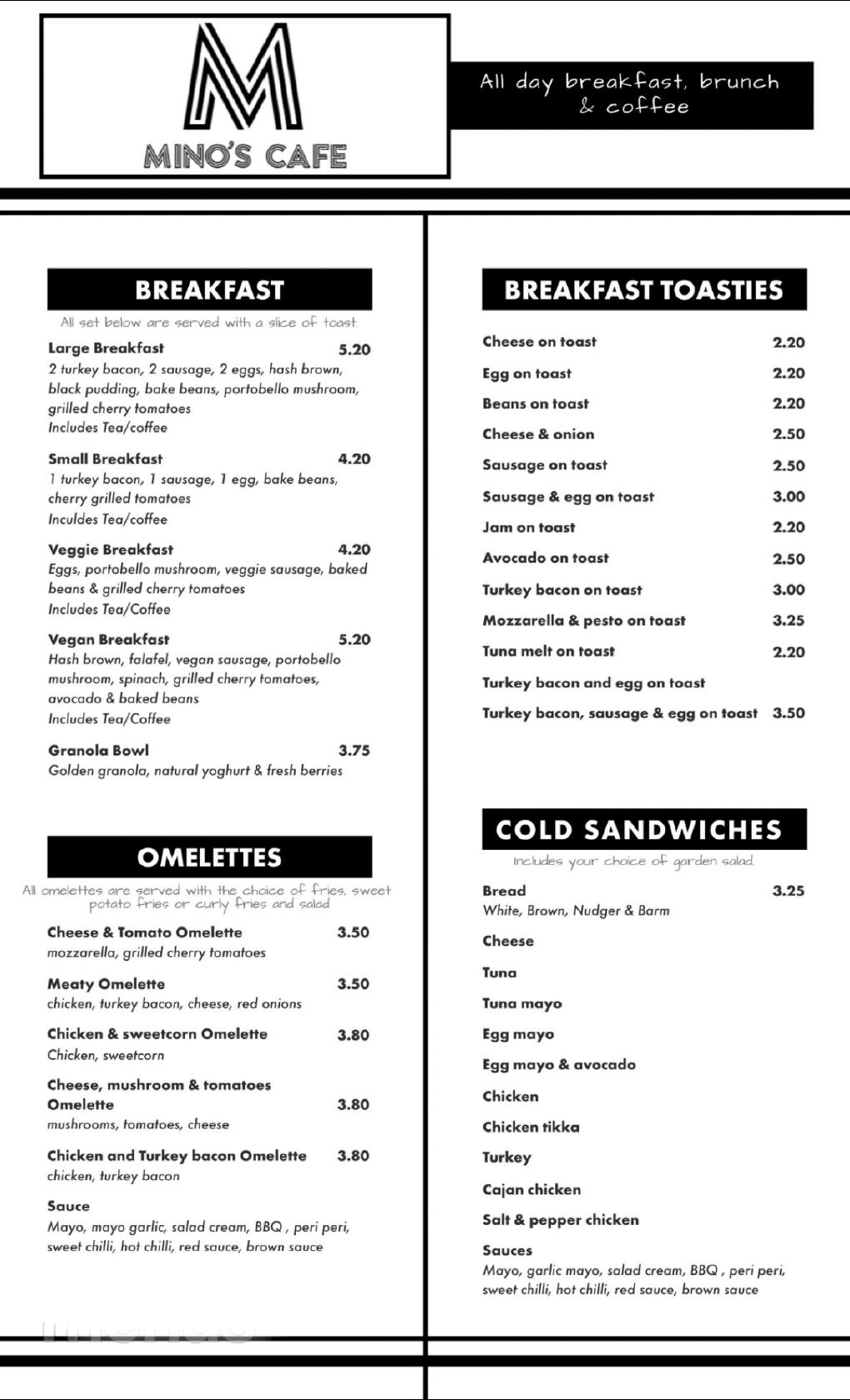 Menu at Mino's Cafe, Liverpool