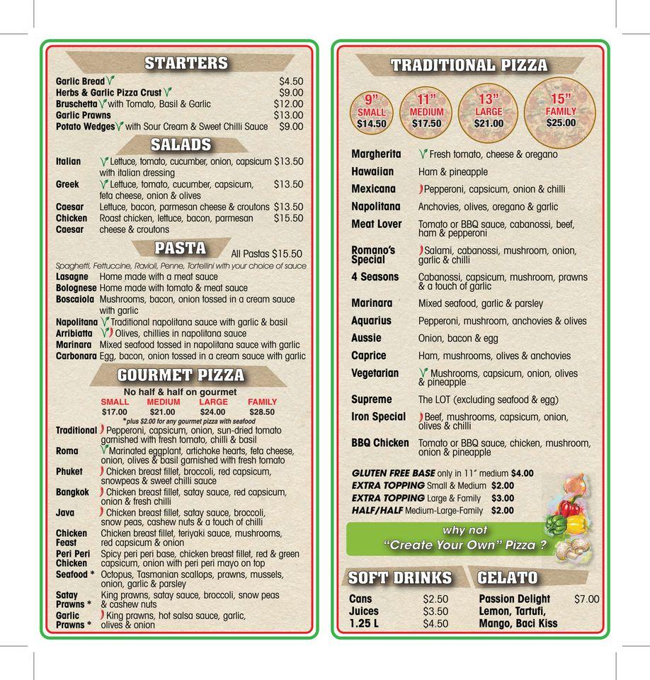 Menu at Romano's Pizzeria, North Parramatta