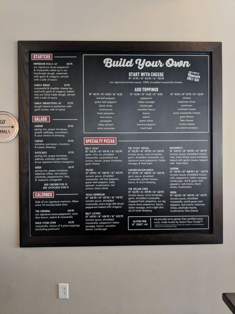 Menu at Stout's Pizza Co. pizzeria, New Braunfels