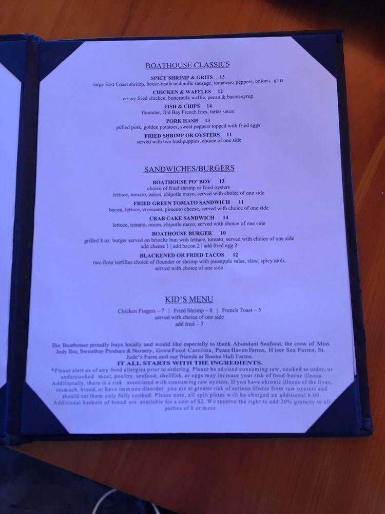 Menu at The Boathouse at Breach Inlet pub & bar, Isle of Palms