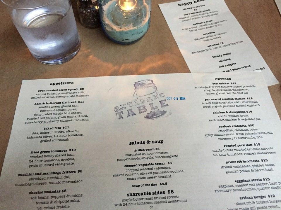 Menu at Artisan's Table restaurant, Orlando