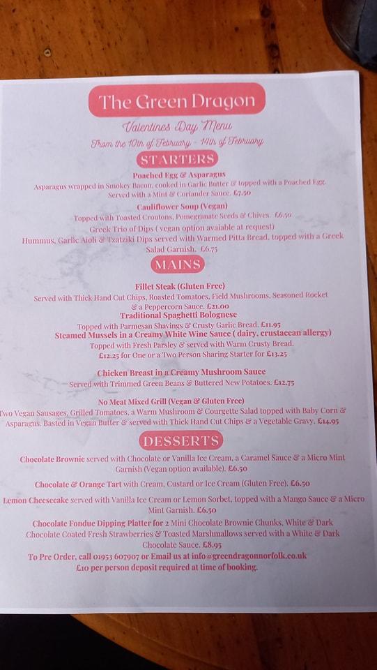 Menu at Green Dragon pub & bar, Wymondham