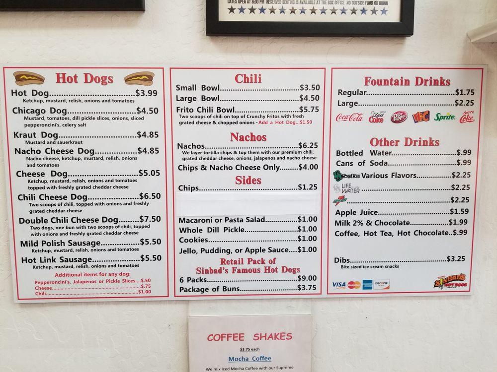 Menu at Sinbad's Hot Dogs restaurant, Sparks