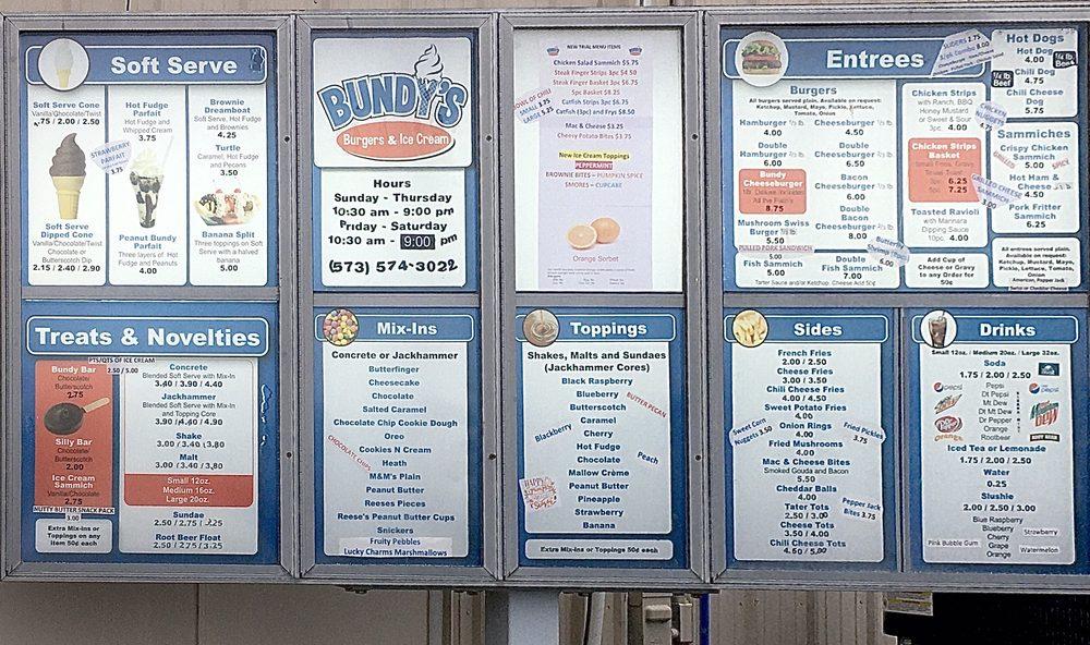 Menu at Bundy’s Burgers and Ice Cream restaurant, Montgomery City
